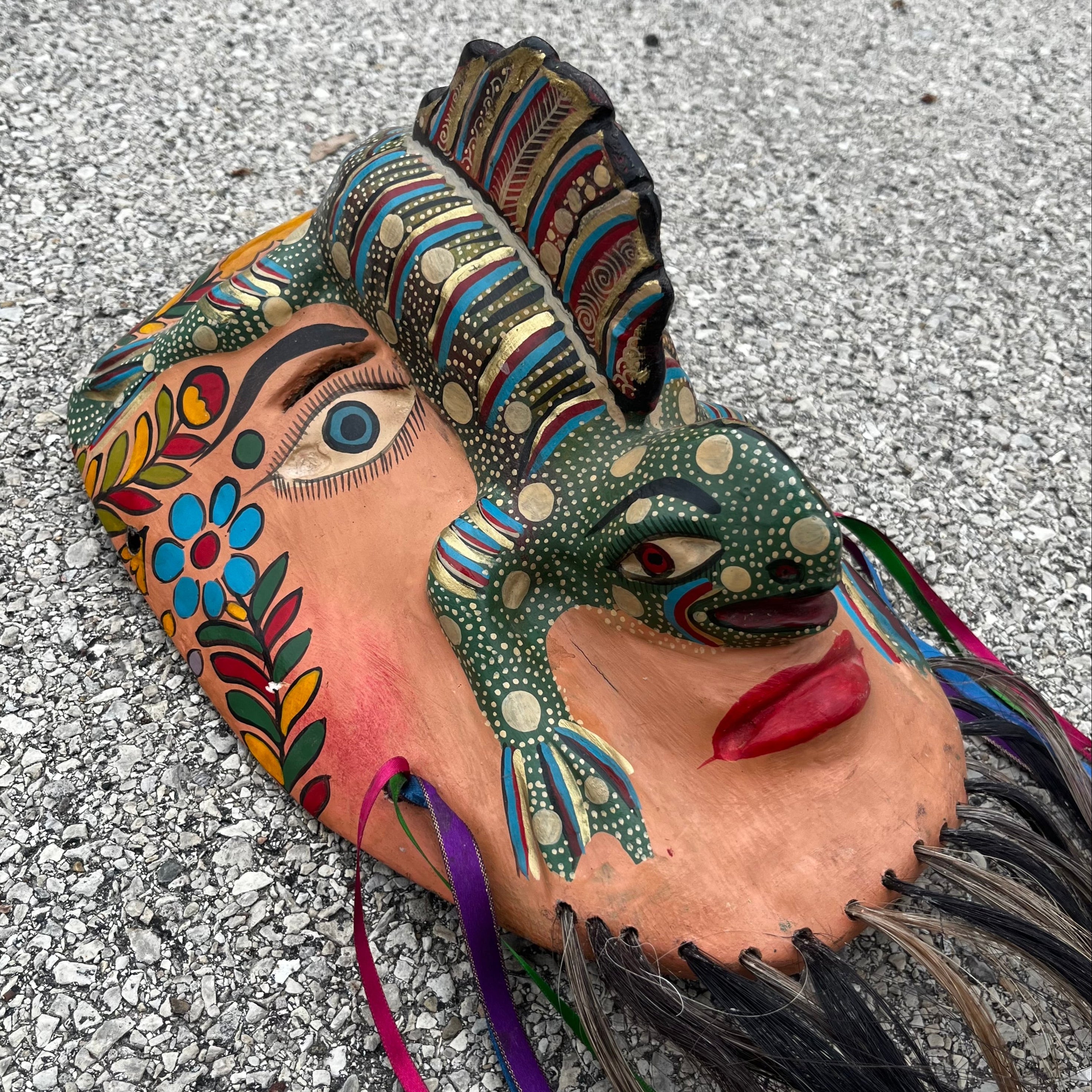 Vintage decorative iguana mask with real horse hair. – Sad Heart Vintage