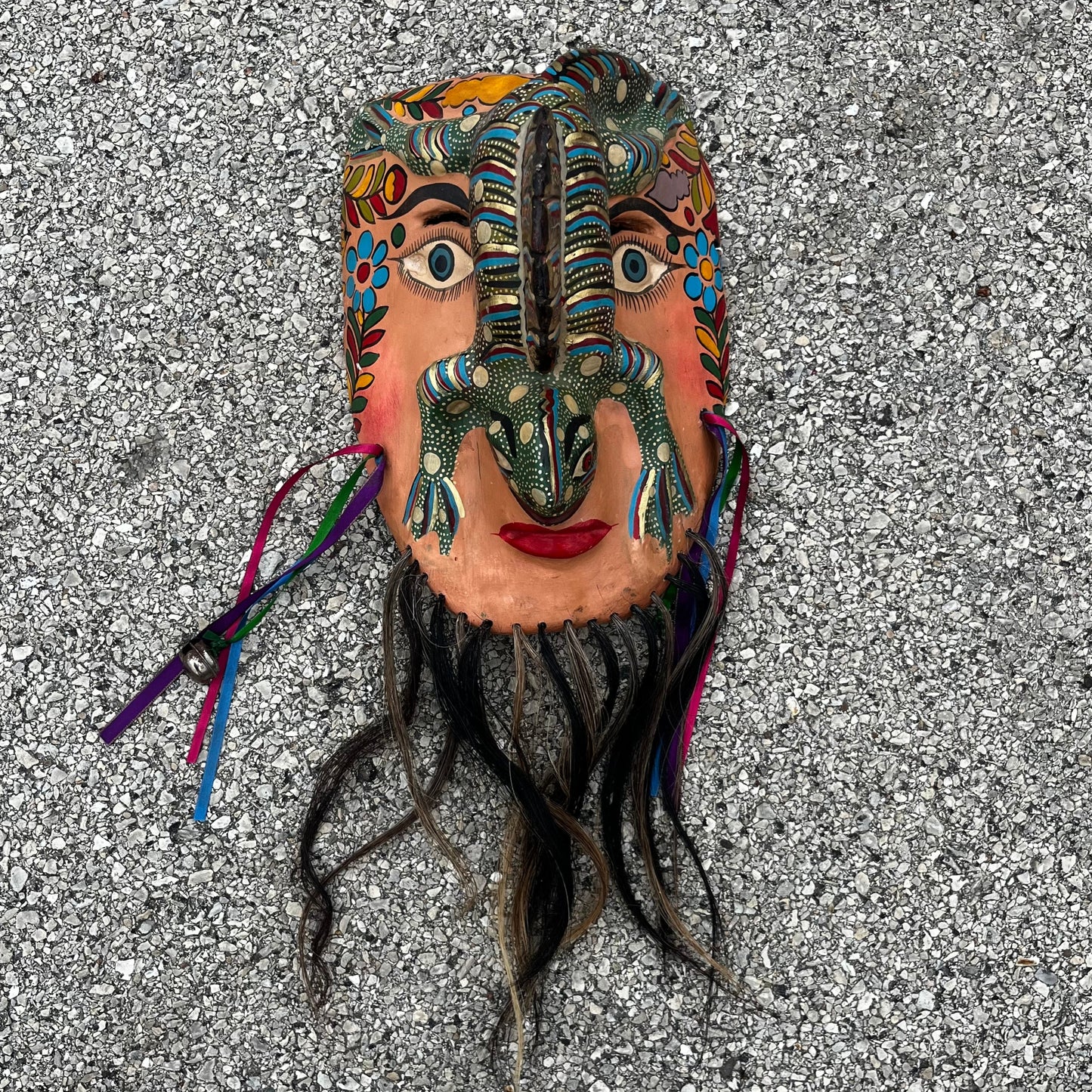 Vintage decorative iguana mask with real horse hair. – Sad Heart Vintage